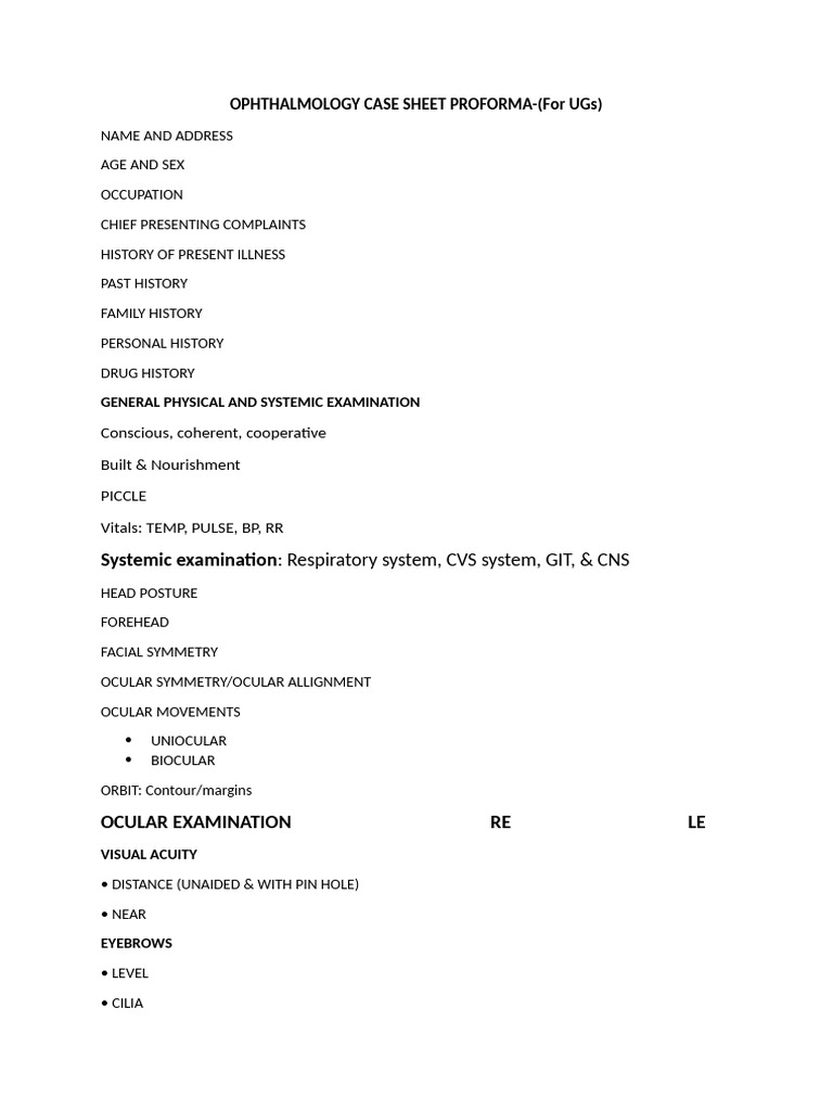 Ophthalmology Case Sheet Proforma | PDF