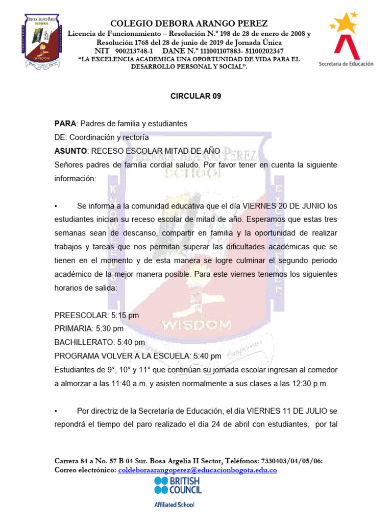 CIRCULAR 09 - RECESO ESCOLAR JT - Julio | PDF | Inteligencia | Etapas ...