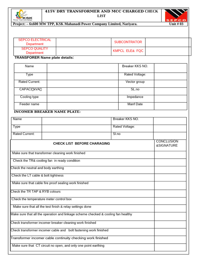 415V Dry Transformer and PC Checklist | PDF | Transformer | Electricity