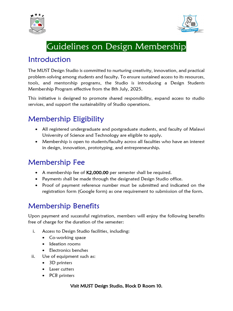 MUST Design Studio Membership Guide | PDF