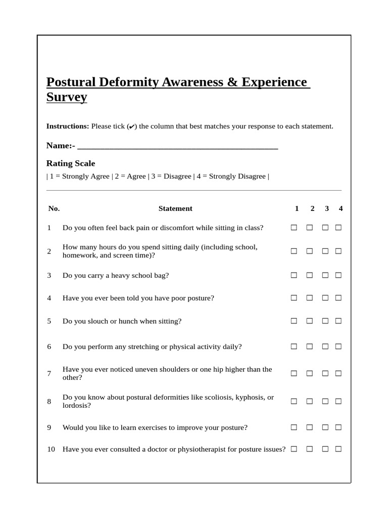 P Ostural Deformity Awareness & Experience Survey: Name: - Rating Scale ...