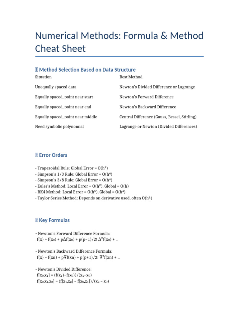 Numerical Methods Cheat Sheet | PDF