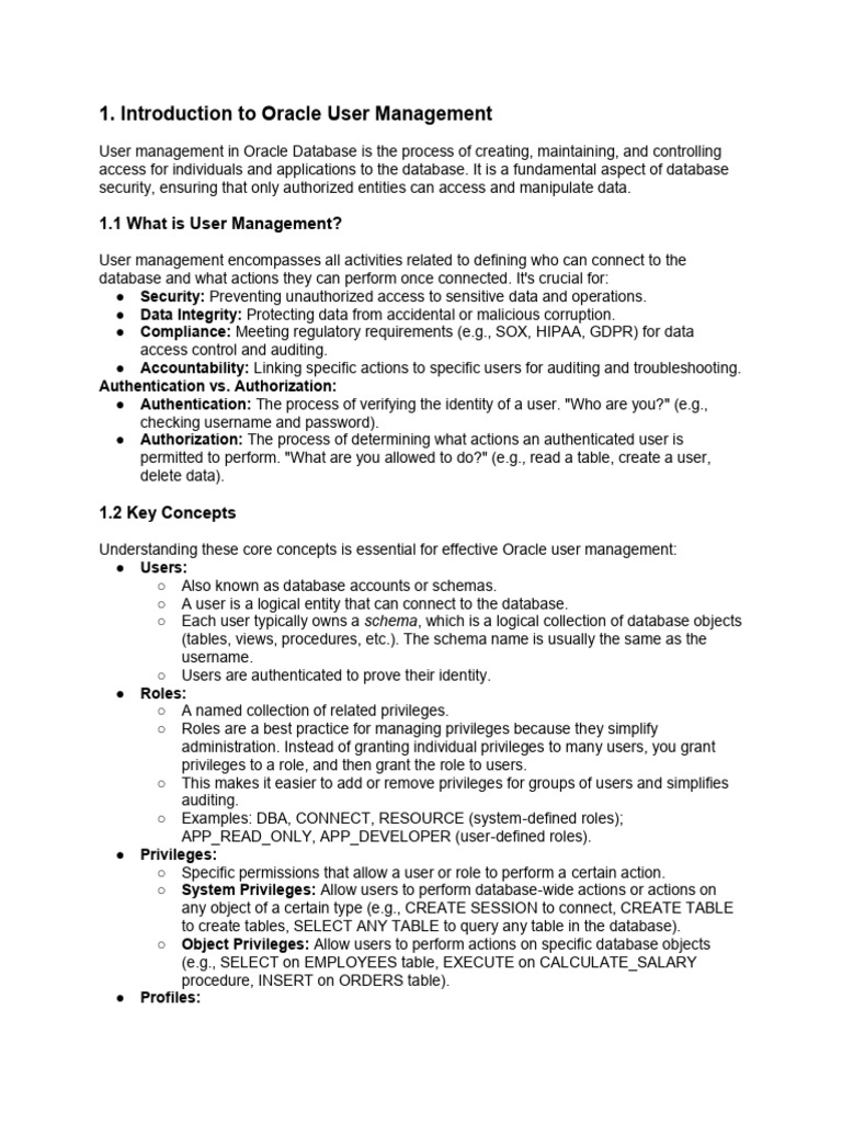 Complete Oracle User Management Documentation | PDF | Databases | User (Computing)