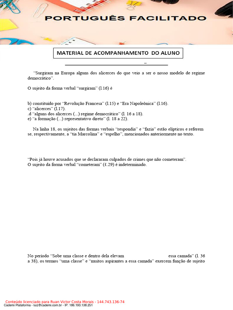 Resolucaodeexercicios Sujeito | PDF | Assunto (gramática) | Gramática