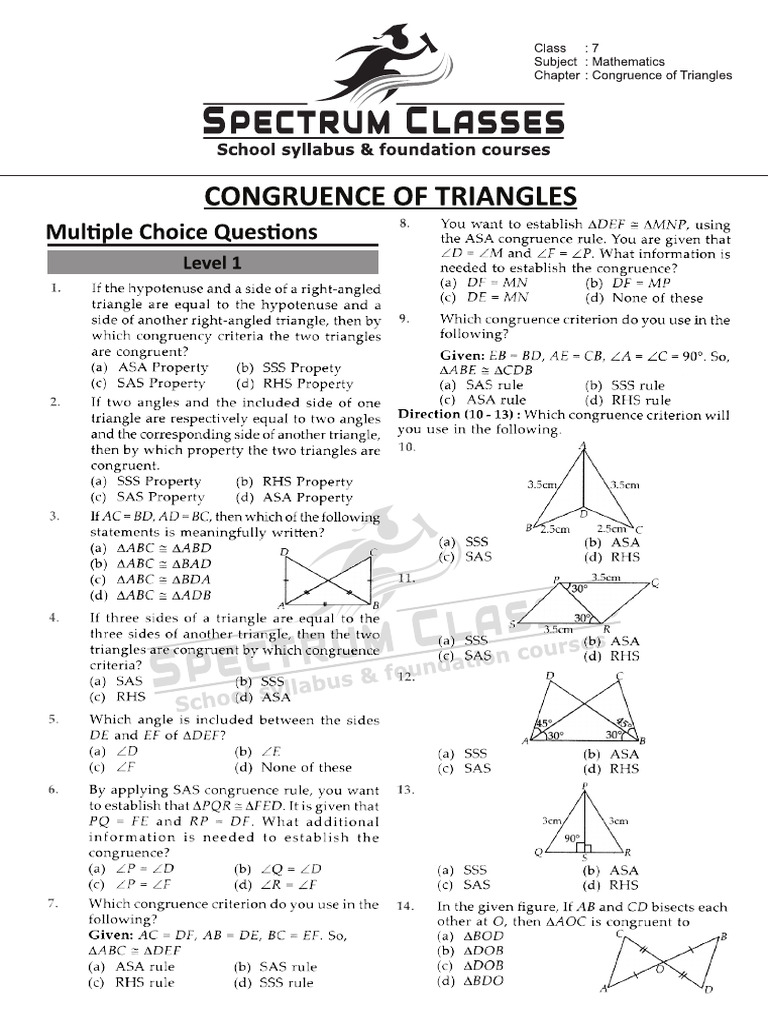 Class 7 Maths - Congruence of Triangles | PDF