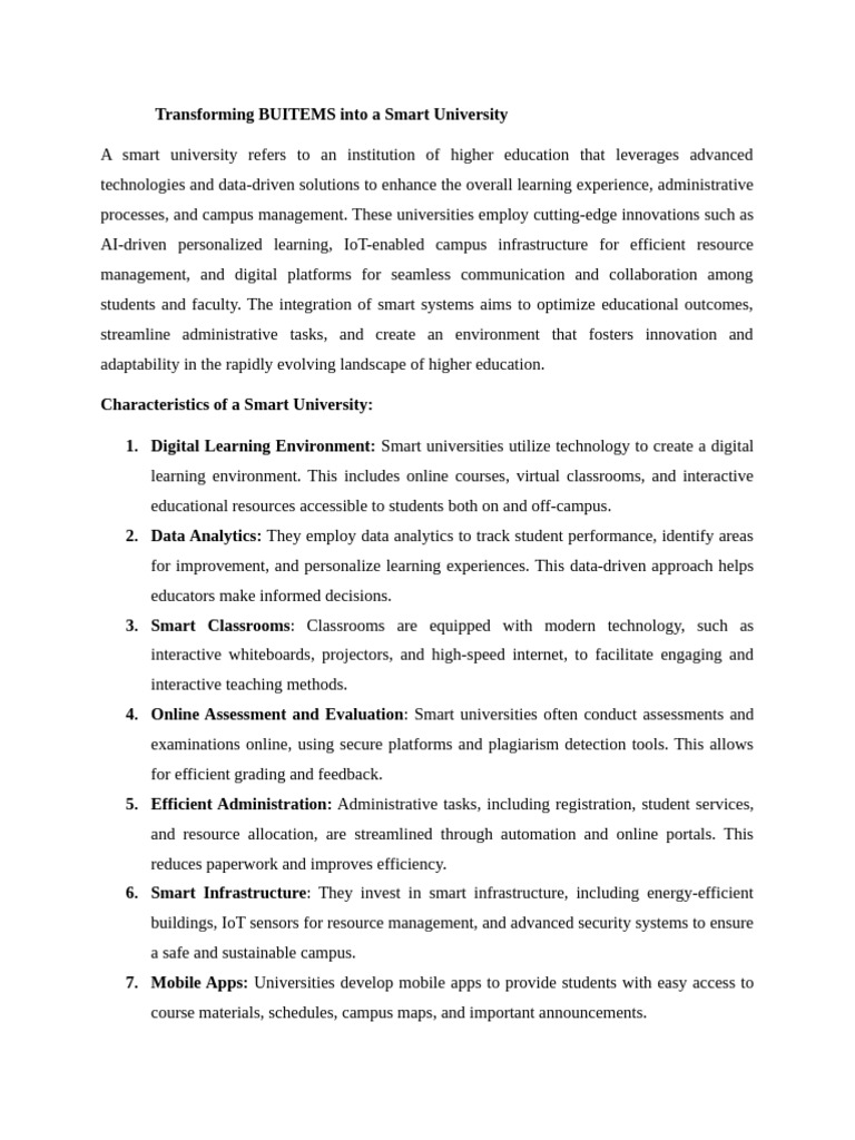 BUITEMS Smart University Transformation | PDF | Educational Technology ...