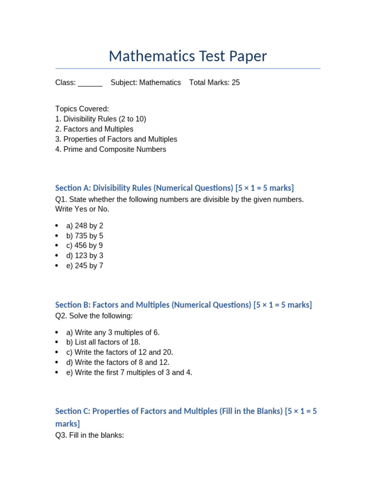 Mathematics Test Paper 25 Marks | PDF