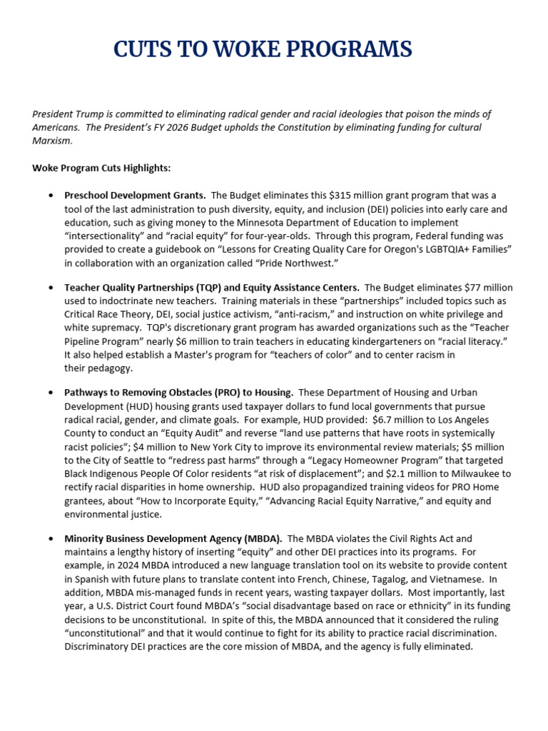 Cuts To Woke Programs Fact Sheet | PDF | Critical Race Theory | Racism