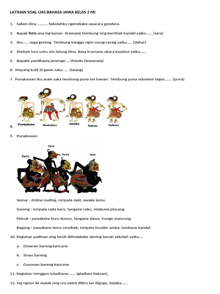 Latihan Soal Uas Bahasa Jawa Kelas 2 SD | PDF