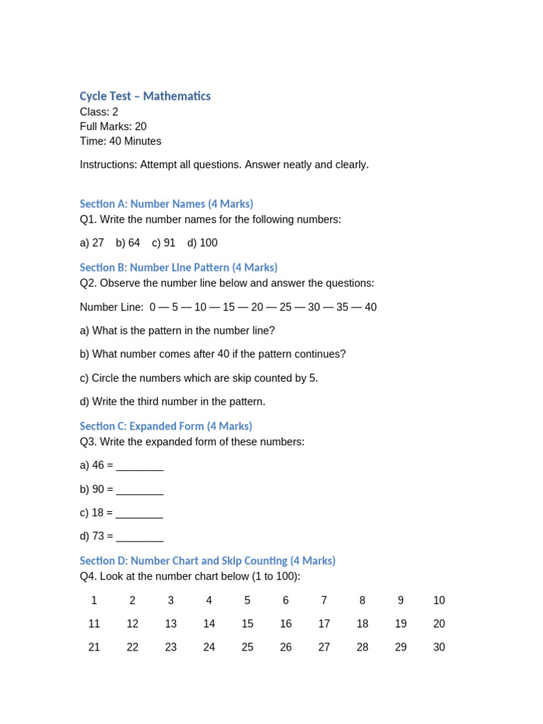 Class 2 Maths Cycle Test | PDF