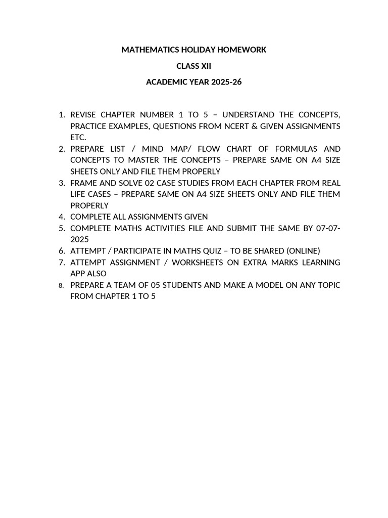 Holiday Homework 2025-26 Mathematics Class Xii | PDF