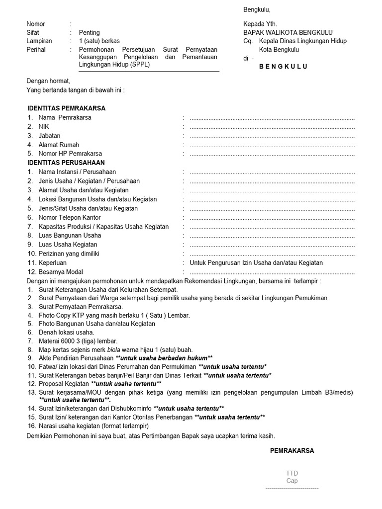 Blangko Permohonan SPPL VERSI BARU | PDF