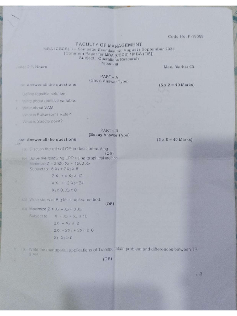 Operations Research 2021-22 Question Paper | PDF