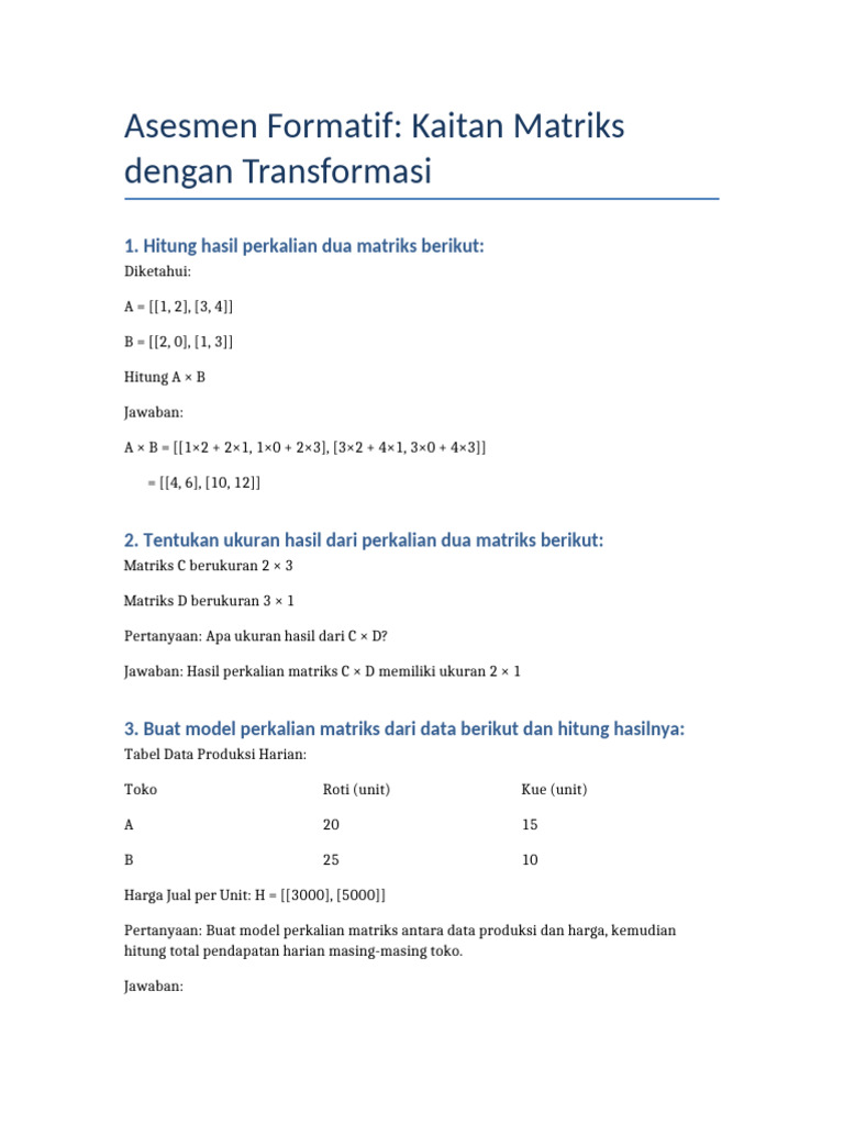 Asesmen Formatif Matriks Transformasi | PDF