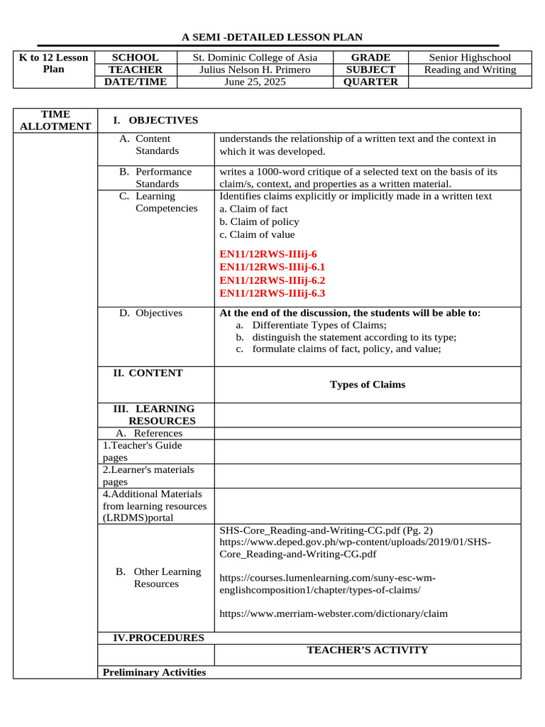 Types of Claims in Writing | PDF | Teachers | Lesson Plan