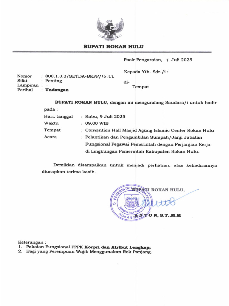 Undangan Pelantikan Pegawai Rokan Hulu | PDF