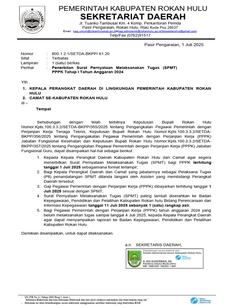 SURAT SPMT PPPK TAHAP I TAHUN ANGGARAN 2024 - Sign | PDF