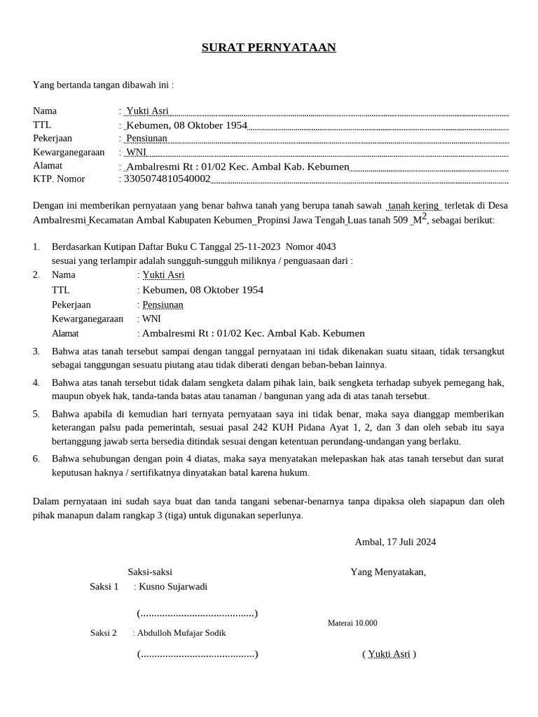 Surat Tidak Sengketa | PDF