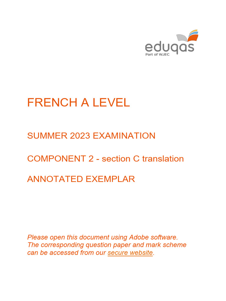 Eduqas French A Level Component 2 Exemplar Scripts 2023 | PDF