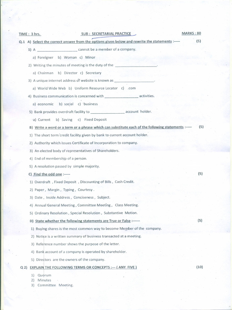 FYJC FINAL EXAM Secretarial Practice | PDF