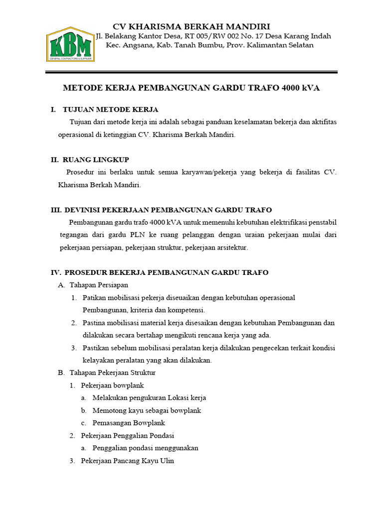 Metode Kerja Pembangunan Gudang Trafo 4000 KVa PT. PPA Site BIB | PDF