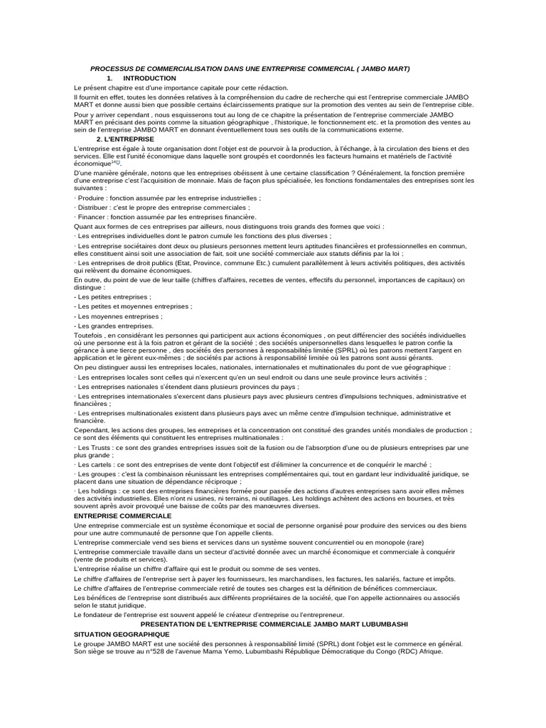 Processus de Commercialisation chez Jambo Mart | PDF | Business ...