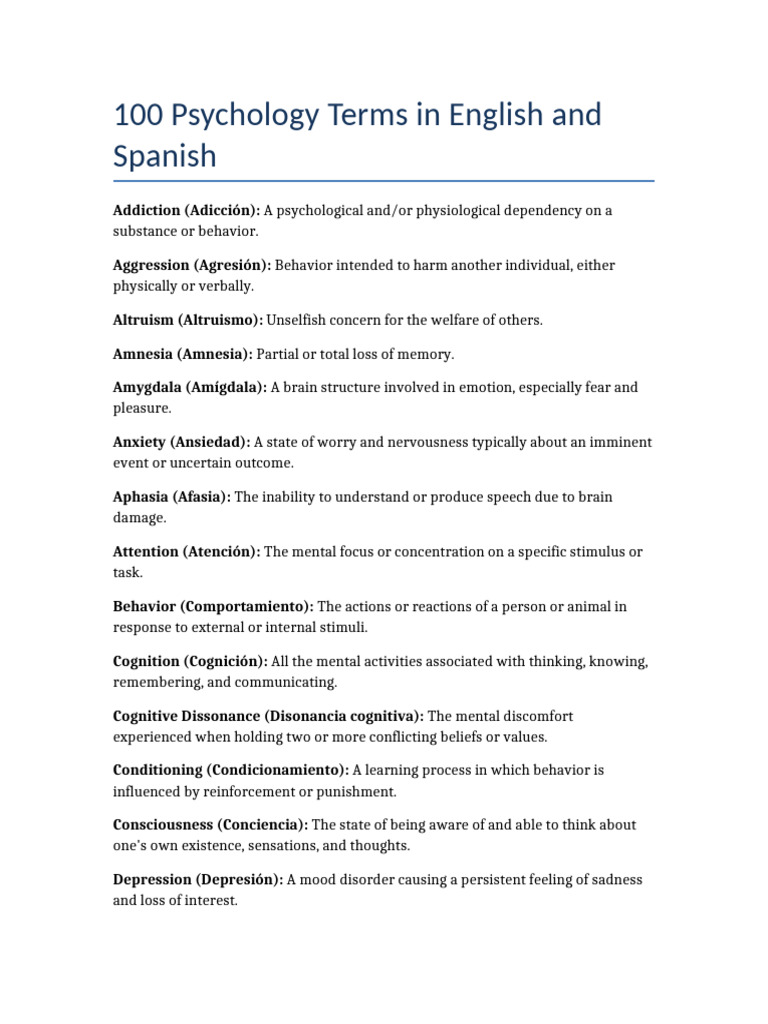 Bilingual Psychology Terms Glossary | PDF | Psychology | Emotions