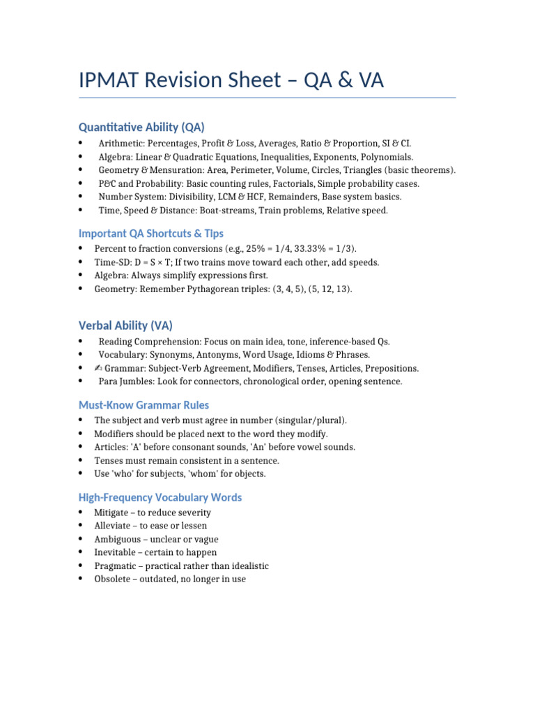 IPMAT Revision Sheet | PDF