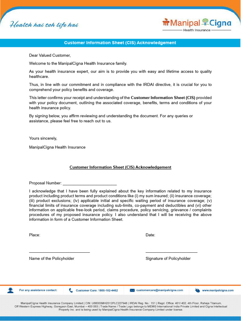CIS Form - ManipalCigna | PDF