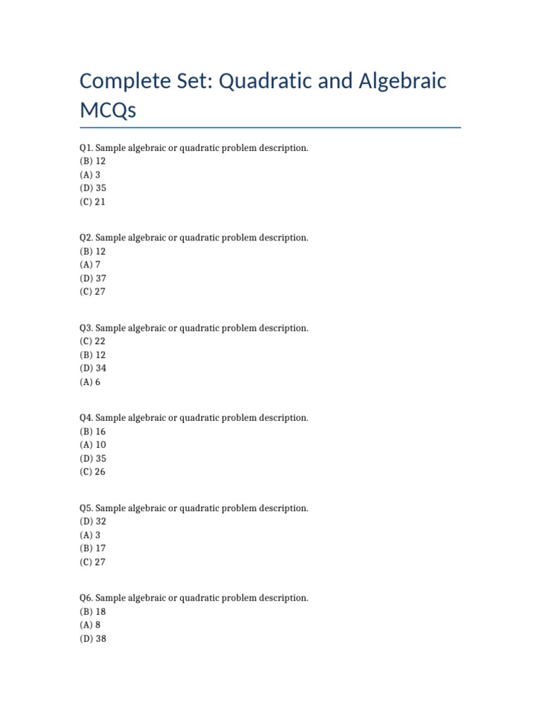 Complete Quadratic Algebra MCQ Set | PDF