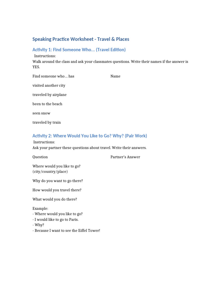Speaking Practice Worksheet Travel Places | PDF