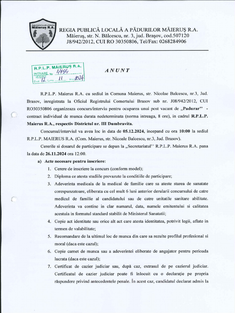Anunt Angajare Padurar Perioada Nedeterminata | PDF