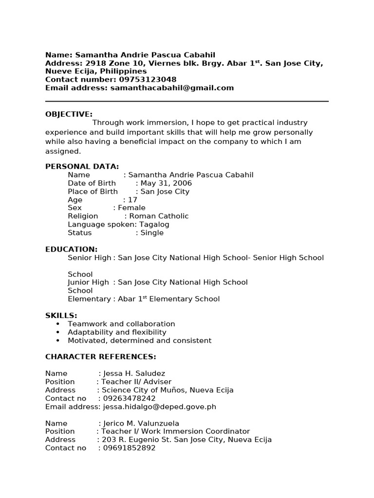 SAMANTHA Resume Work Immersion 1 | PDF | Cognition | Learning