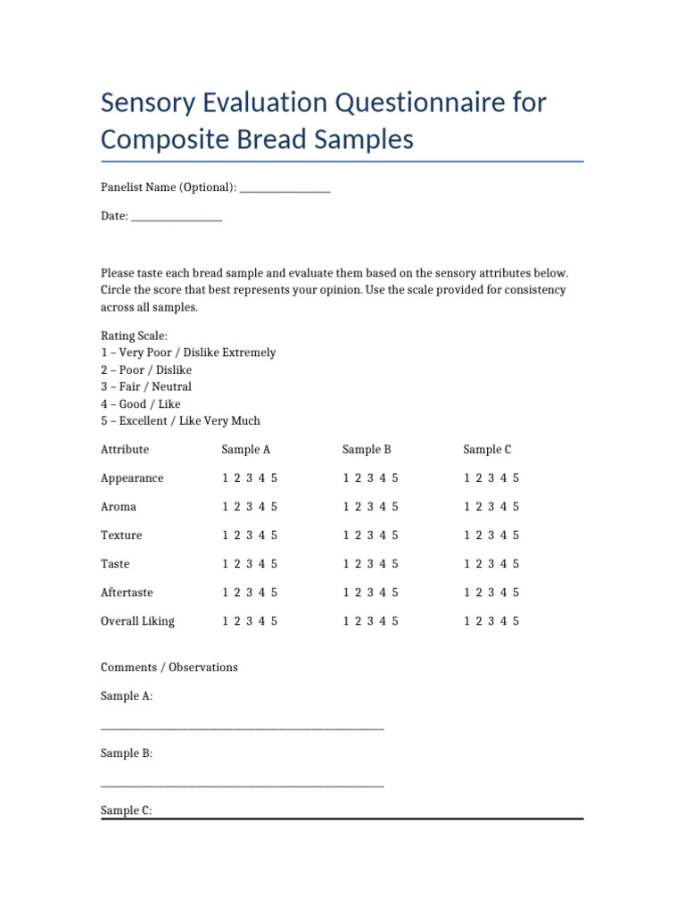 Sensory Evaluation Questionnaire | PDF | Taste | Breads