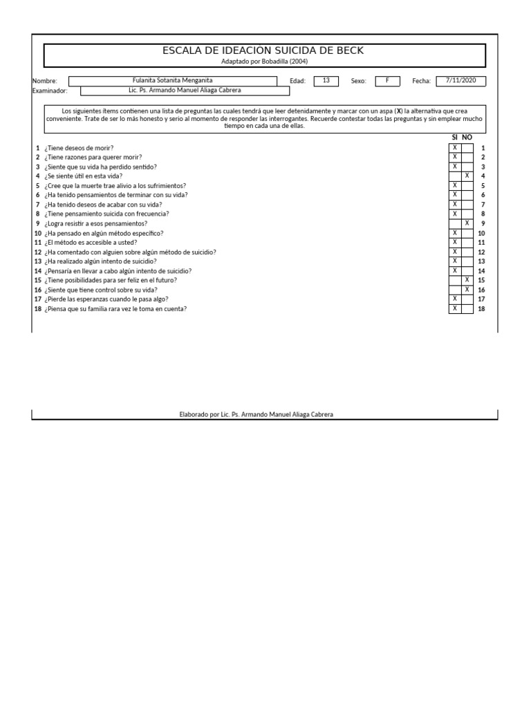 ESCALA DE IDEACION SUICIDA BECK SSI-peru 13 A 16 Años | PDF | Salud mental