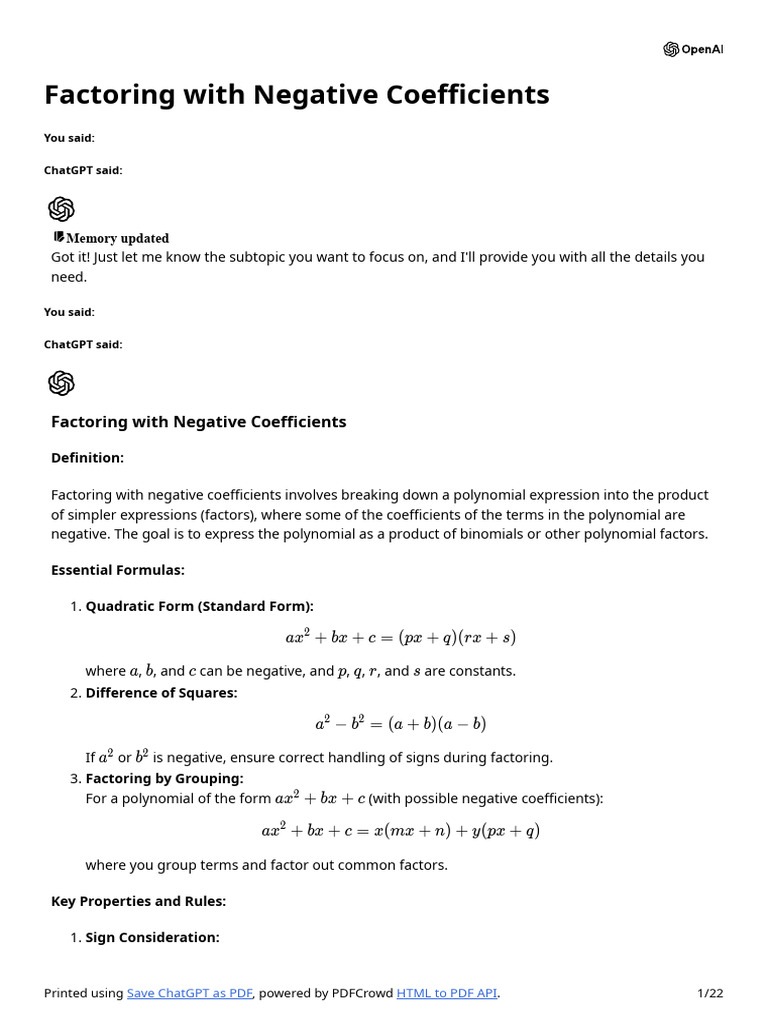 Factoring Polynomials with Negatives | PDF | Quadratic Equation ...