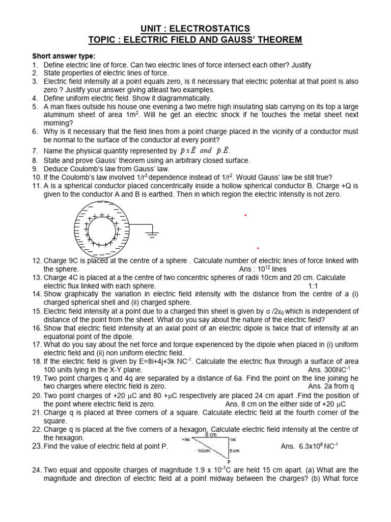 Assignment - Electric Field and Gauss Theorem | PDF | Electric Field | Sphere