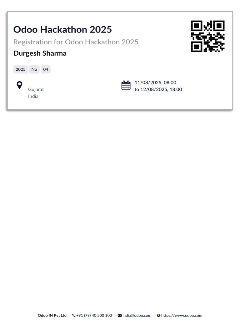 Full Page Ticket - Odoo Hackathon 2025 - Durgesh Sharma | PDF