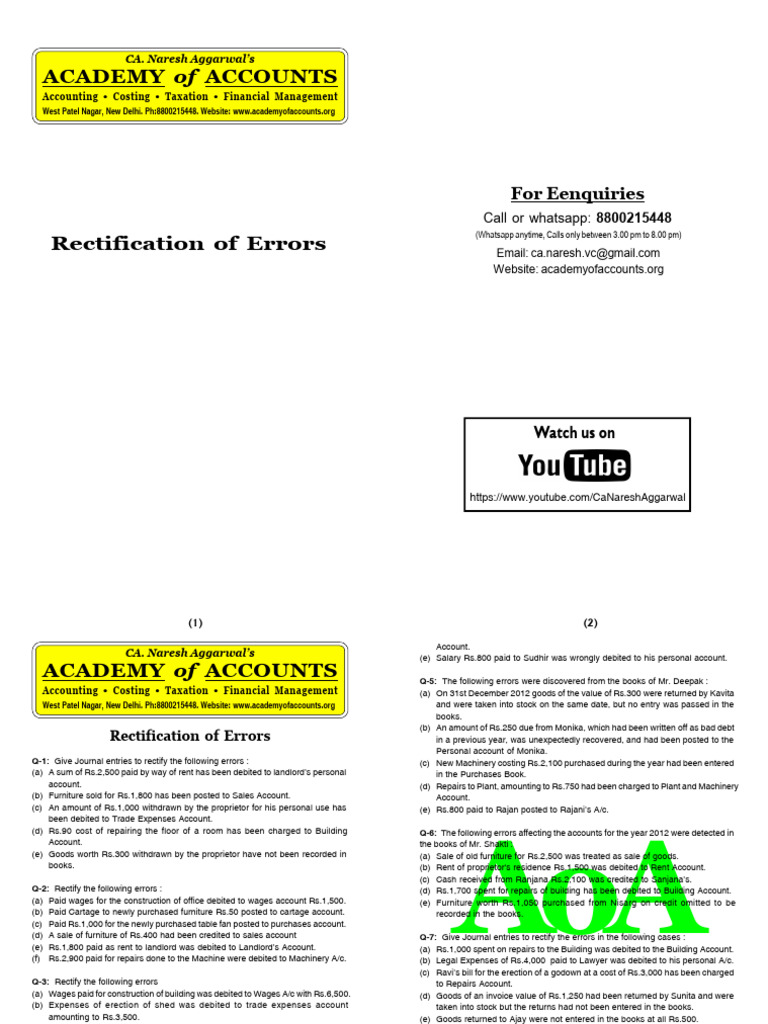 01 Rectification of Errors | PDF | Debits And Credits | Bookkeeping