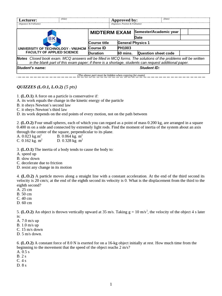 Midterm ExamPhysics1 - 2-Kda | PDF | Force | Acceleration