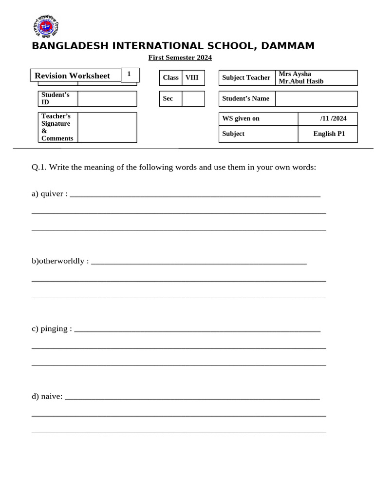 RWS 1, First Semester, P1, Grade VIII | PDF