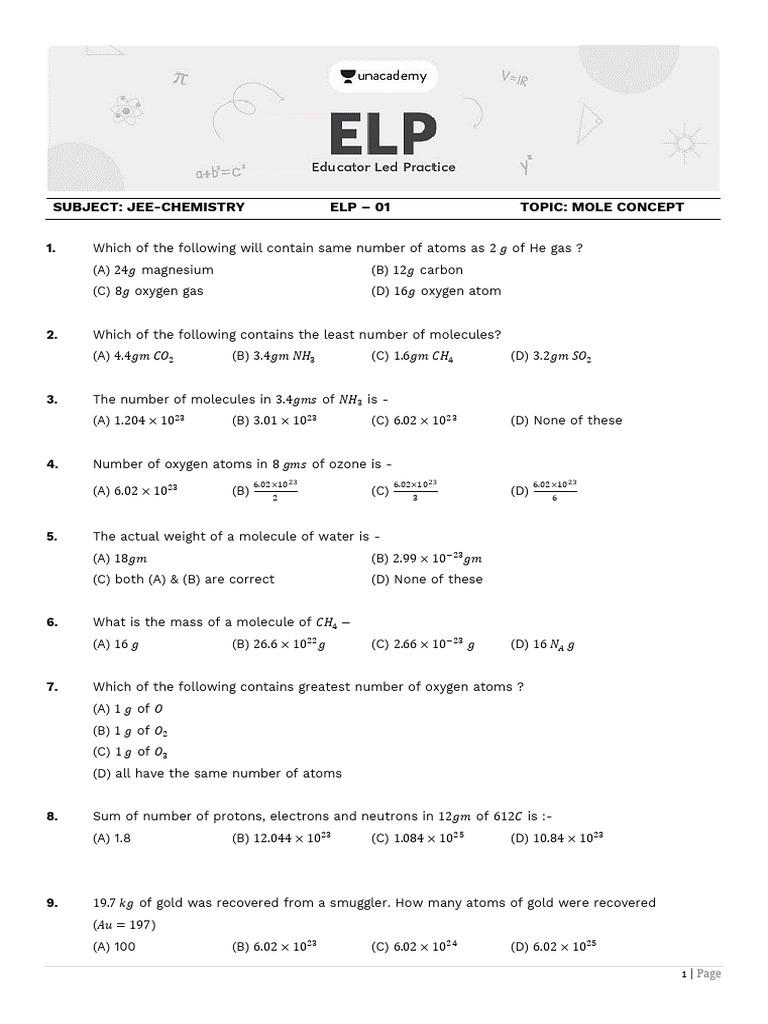 JEE Chemistry Mole Concept Questions | PDF | Mole (Unit) | Molecules