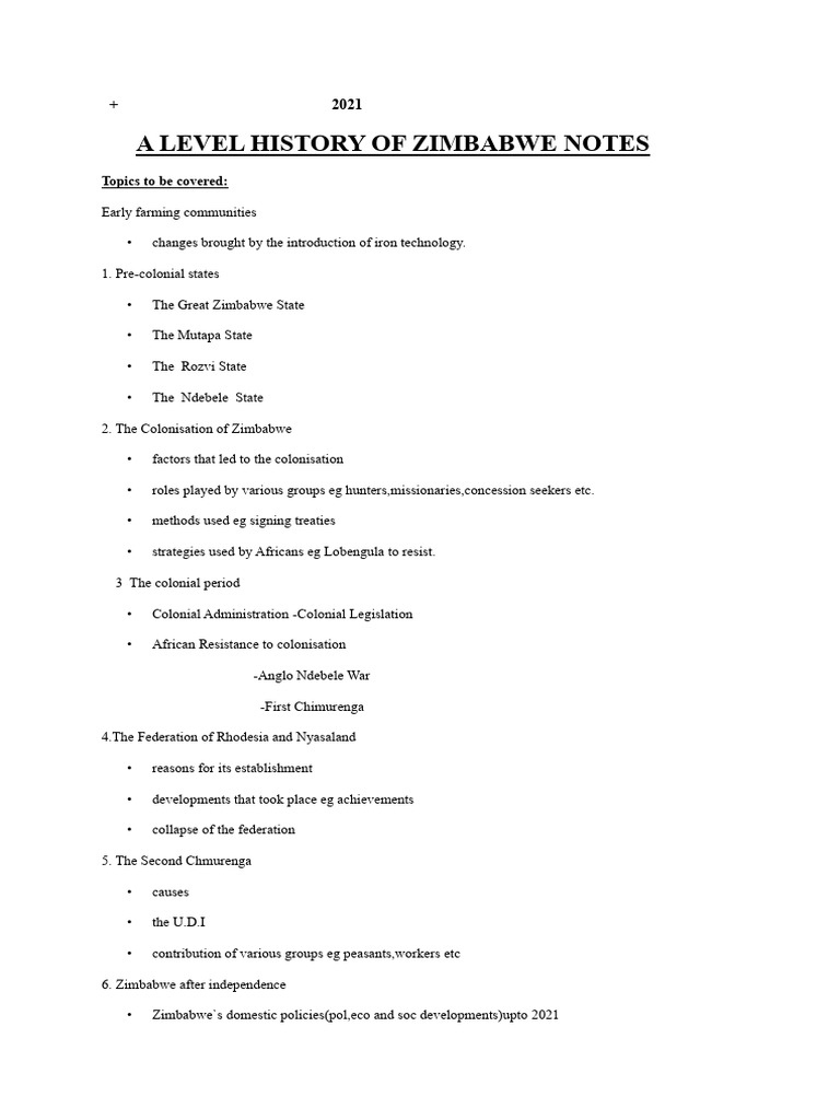 A-Level Zimbabwe History Notes | PDF