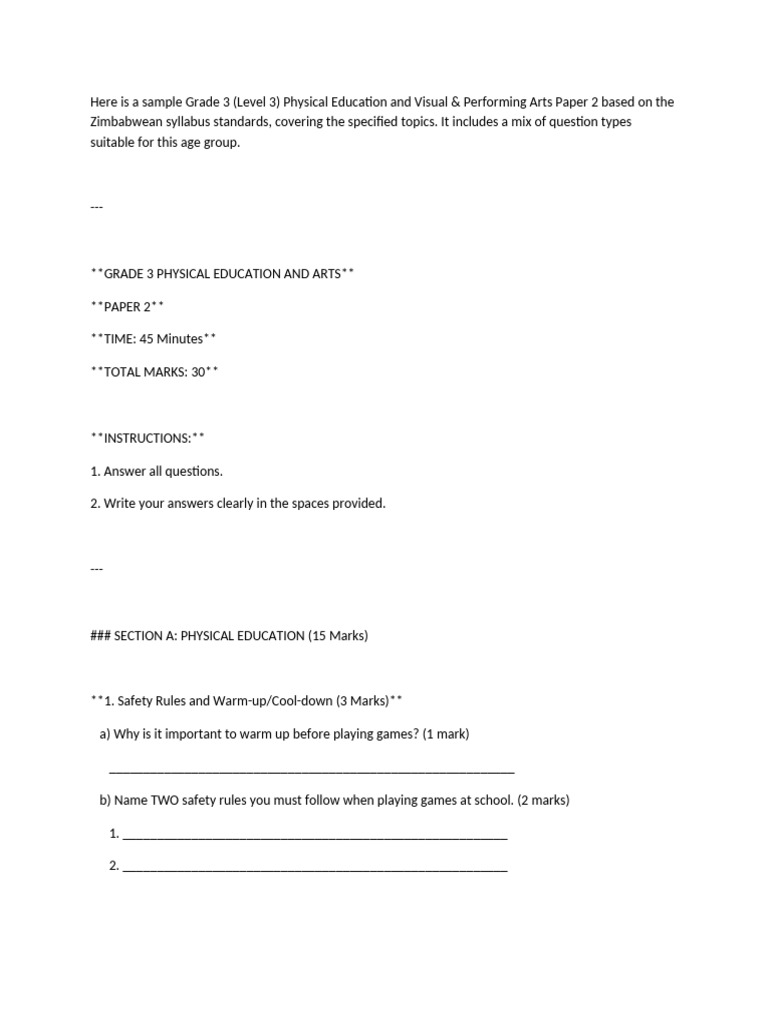 PE and VPA Paper 2.grade 3 | PDF | Physical Education