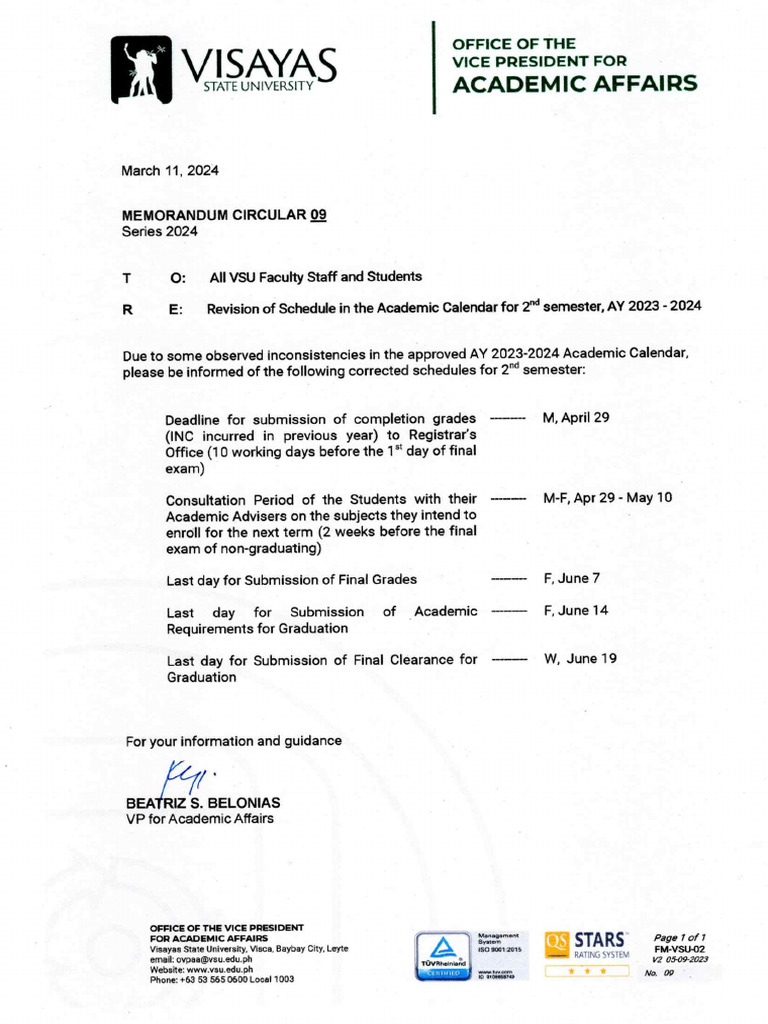 09 - MC No. 09 Revision of Schedule in The Academic Calendar For 2nd ...