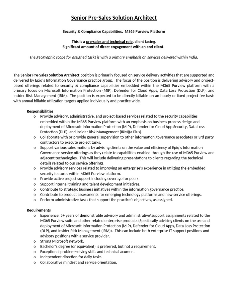 EPIQ Senior Pre-Sales Solution Architect | PDF | Business | Computing