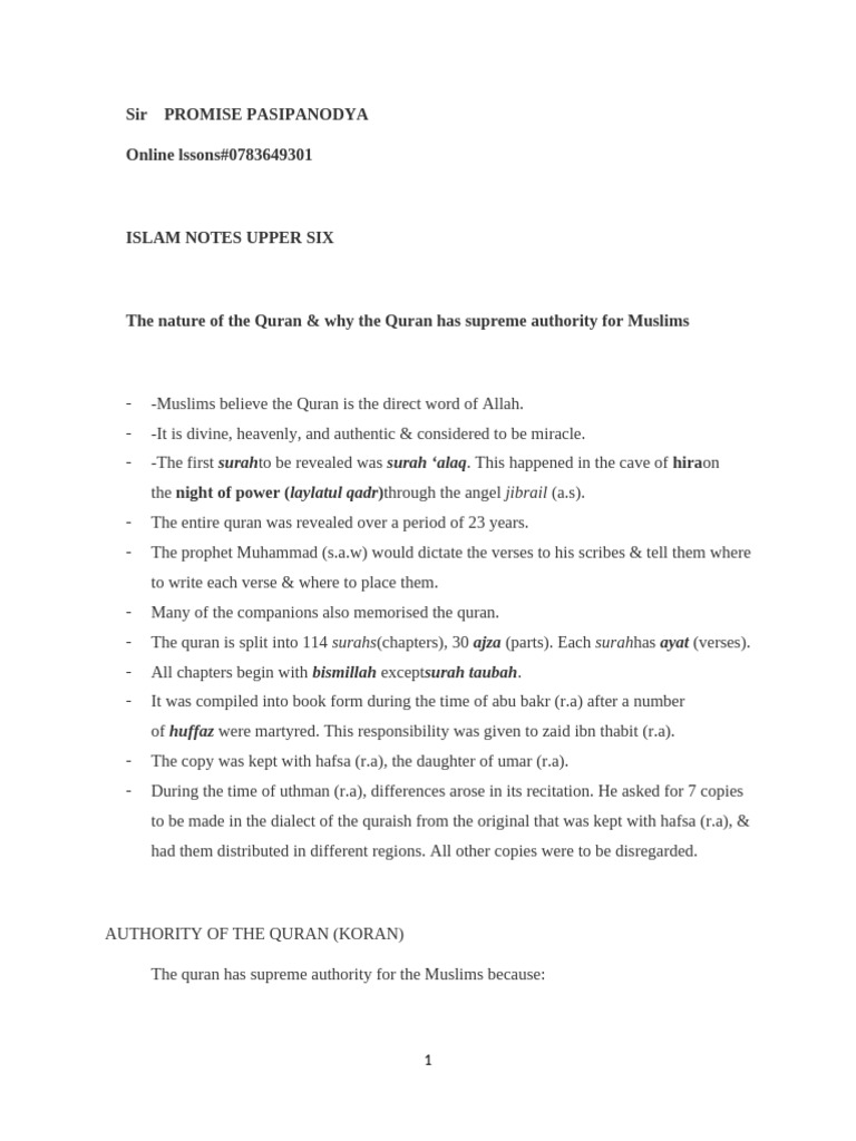 Islam Notes Upper Six | PDF | Prophets And Messengers In Islam | Quran