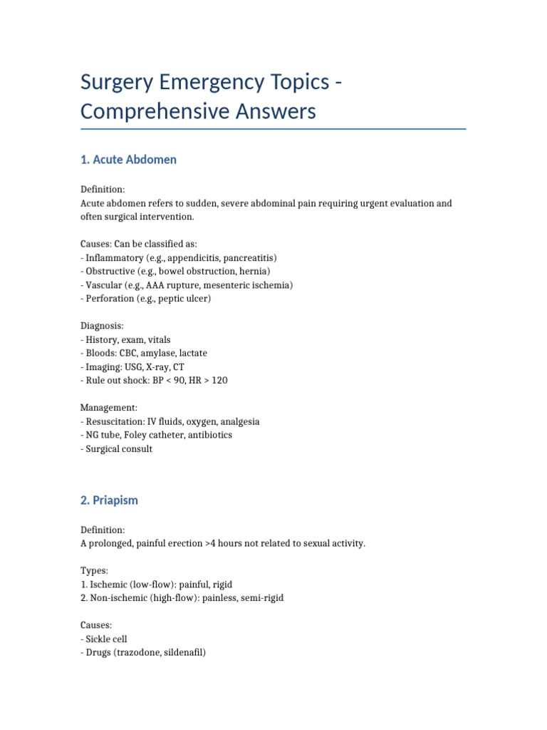 Surgery Emergency Topics Answers Sample | PDF