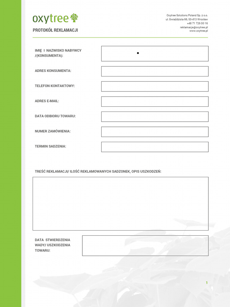 Formularz Reklamacyjny Oxytree | PDF