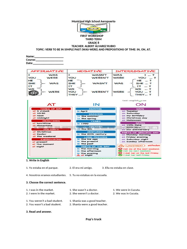 Workshop 1 Past of To Be and Prepositions of Time In, On, at - 8 Third ...